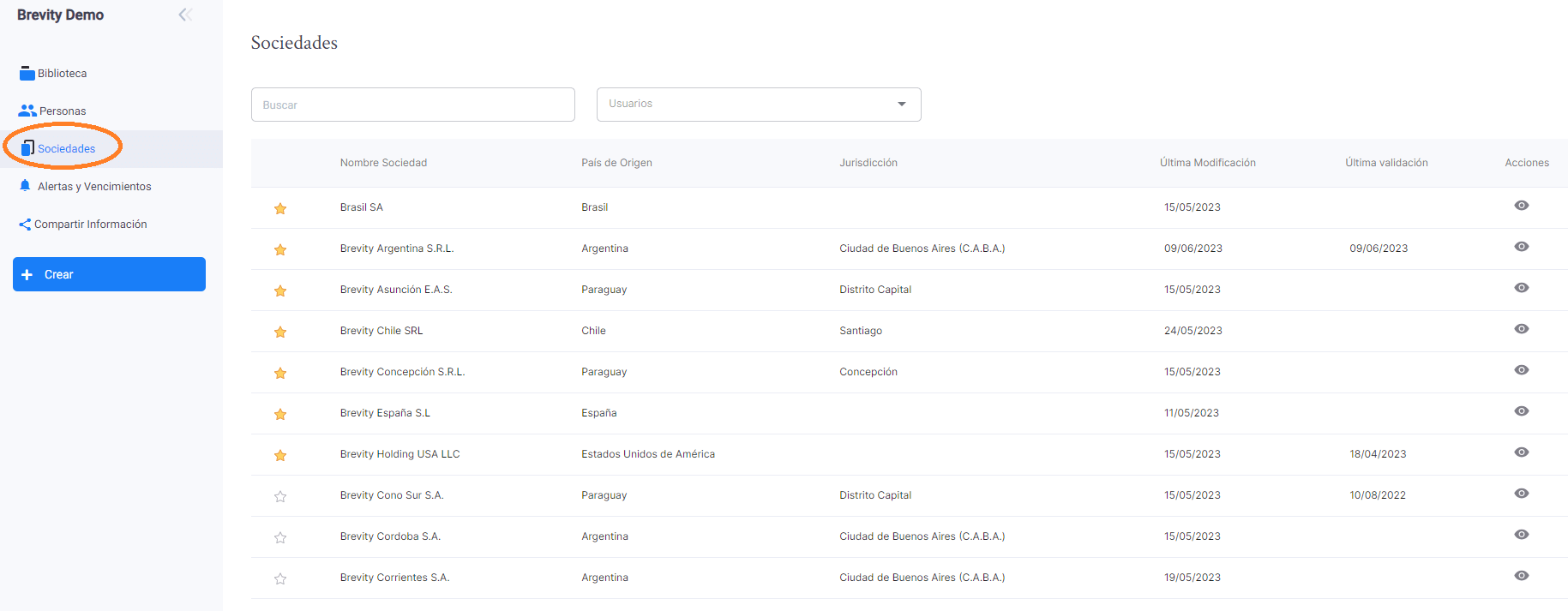 Accede a tus sociedades desde el panel central de sociedades - Brevity